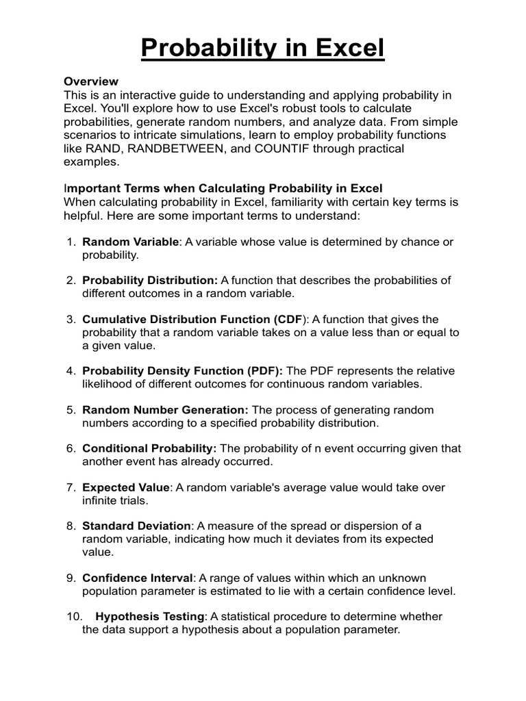 Probability in Excel | PDF | Random Variable | Probability Distribution