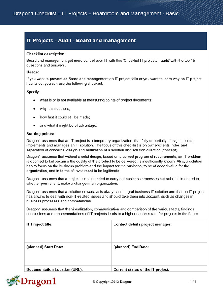 Dragon1 Checklist IT Project Auditing Basic OS05 PC009 EN - v1.0d | PDF ...