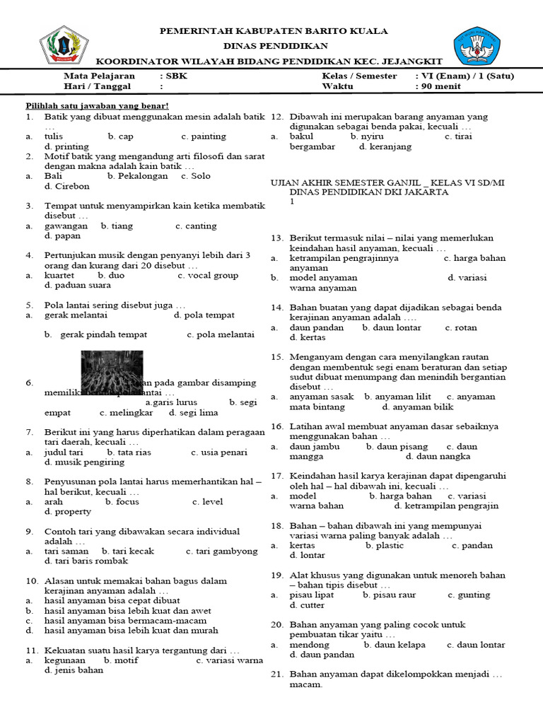 Soal Uas Semester 1 Kelas 6 Mapel SBK | PDF