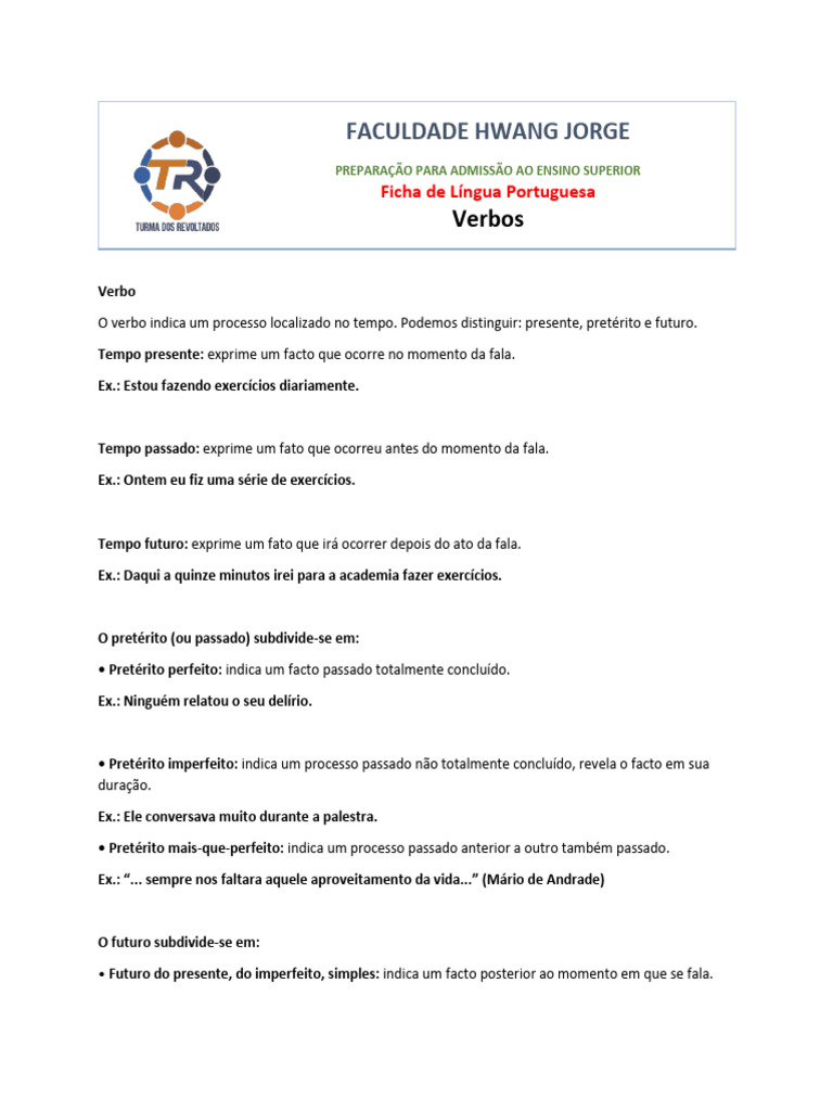 Ficha de Verbos | PDF | Mecânica da linguagem | Famílias linguísticas