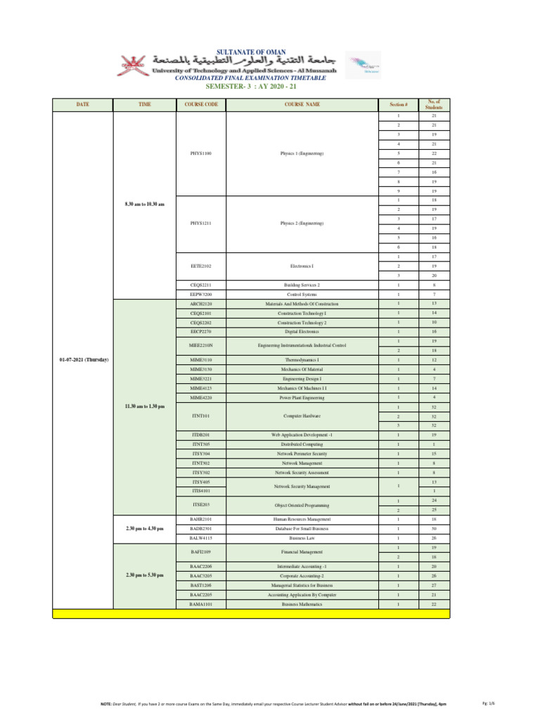 Oman Final Exam Timetable 2021 | PDF | Engineering | Computing
