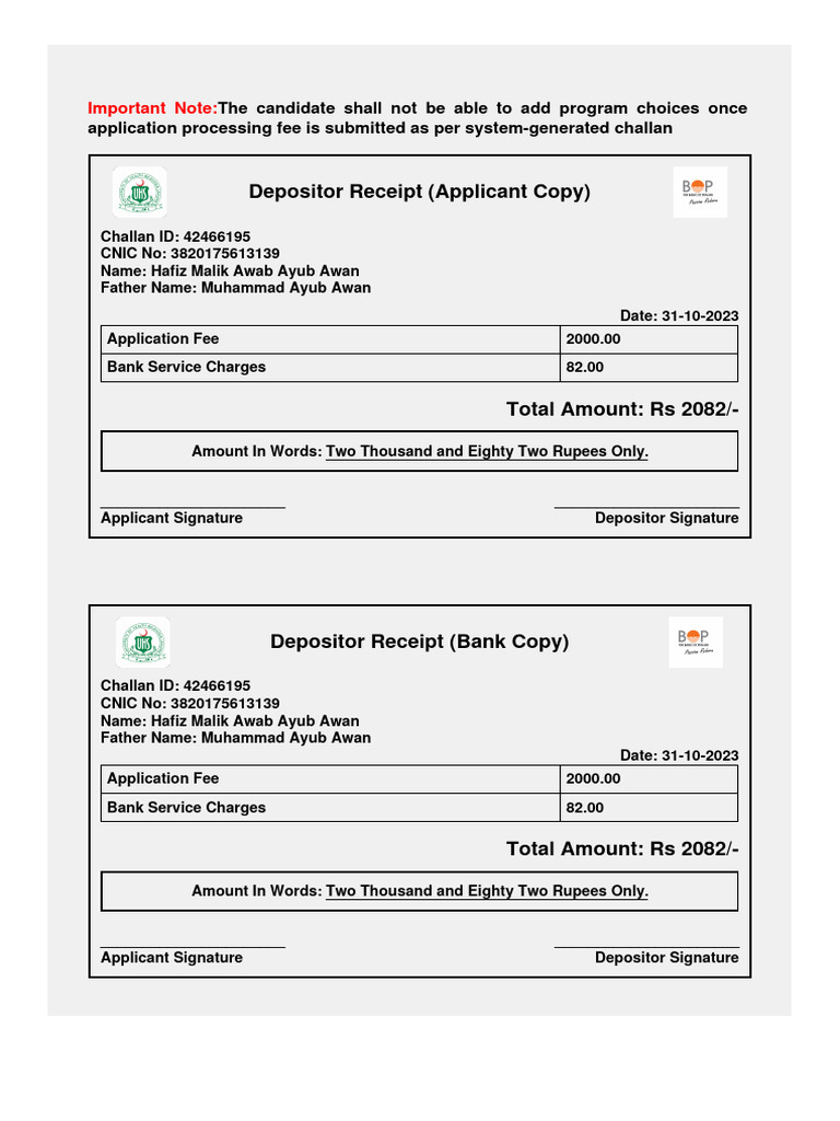 Challan 2 Receipt for Application Fee | PDF