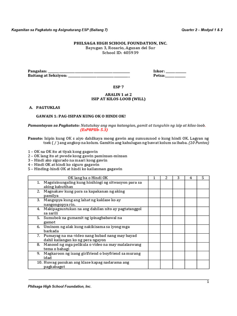 ESP 7 Q2 M1 Aralin 1 Week 12 | PDF