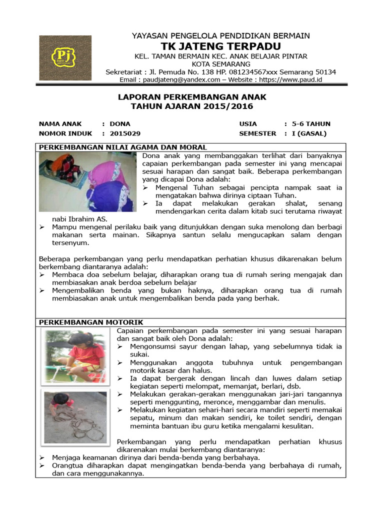 6 CONTOH RAPORT PAUD Aka LAPORAN SEMESTER | PDF