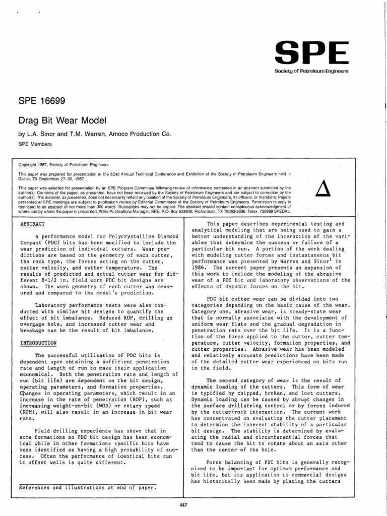 Drag Bit Wear Model | PDF | Wear | Force