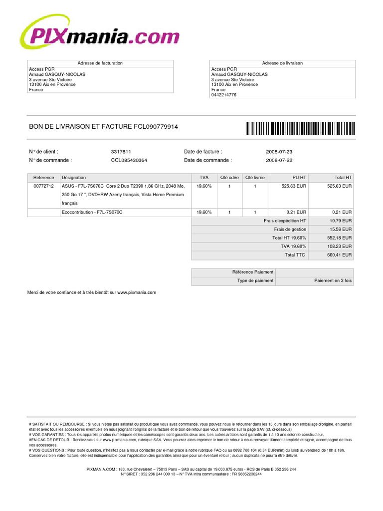 Facture et informations Pixmania | PDF | Commerce | Impôts