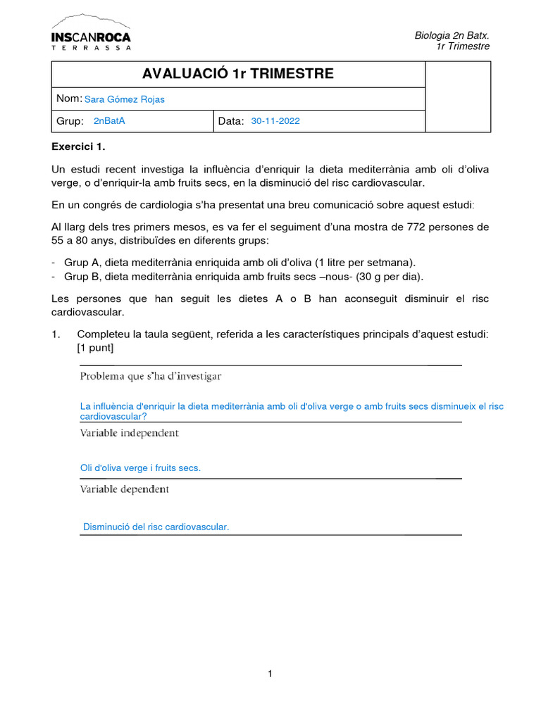 Sara Gómez Rojas - Correcció Examen Trimestral 1r Trimestre | PDF