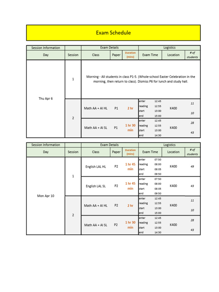 G11 Apr Exam - Schedule For Students | PDF | Science
