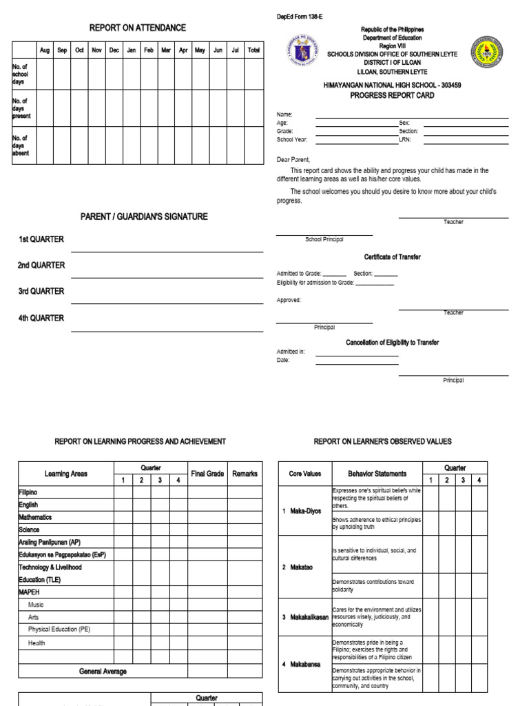 Card Jhs Format Blank 2023 2024 | PDF | Learning | Cognition