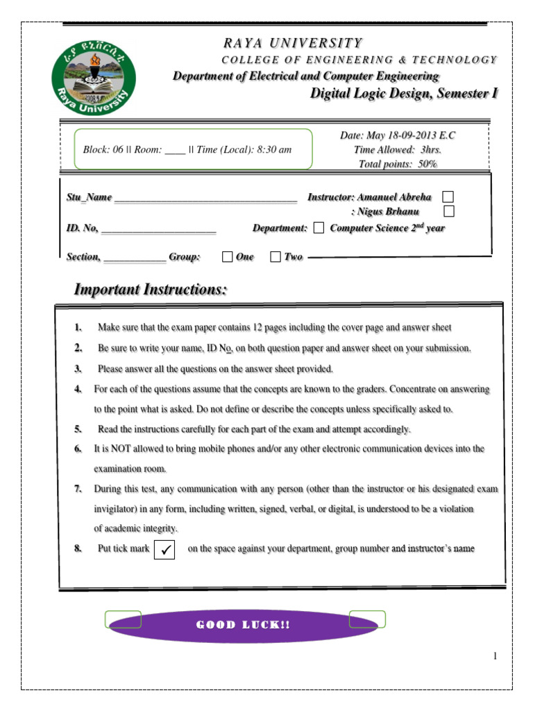 Digital Logic Design Exam Paper | PDF | Electronic Design | Computer ...
