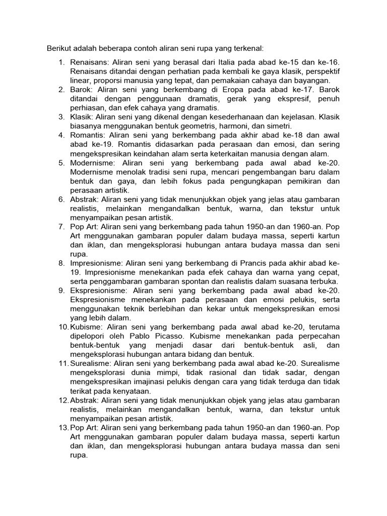 Berikut Adalah Beberapa Contoh Aliran Seni Rupa Yang Terkenal | PDF
