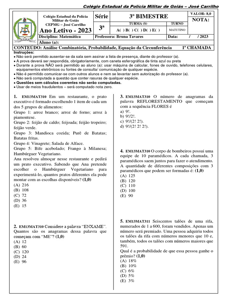AVALIAÇÃO 3 SERIE 3 BIM MATEMATICA 1ª CHAMADA | PDF