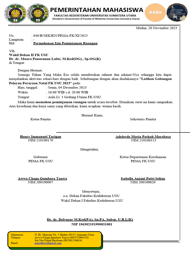 848 - B - Surat Permohonan Izin Peminjaman Tempat Latihan Gabungan Pelayan Perayaan Natal FK USU ...