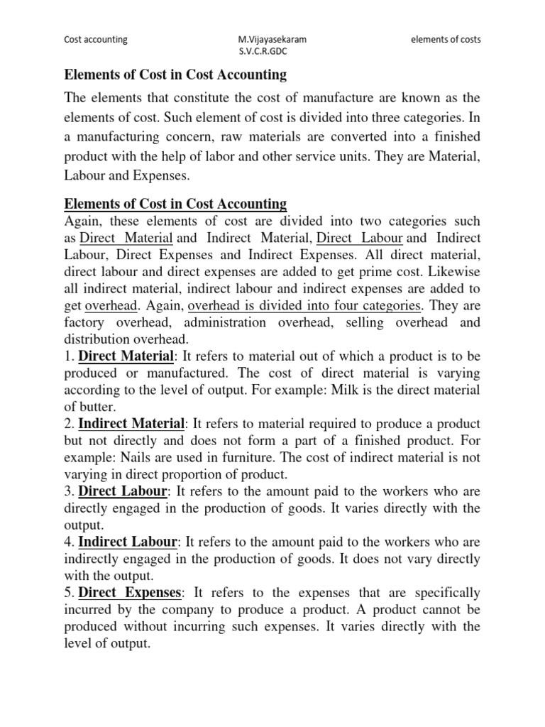 Elements of Cost in Cost Accounting | PDF | Cost | Cost Accounting
