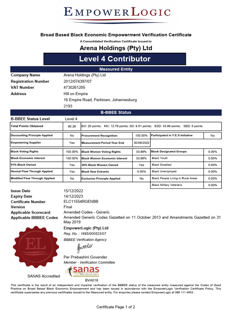 Arena Holdings Pty Ltd_BBBEE Certificate_2023 | PDF | Government | Economies