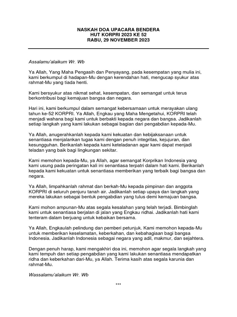 DOA UPACARA BENDERA HUT KORPRI 2023 - Masagipedia | PDF