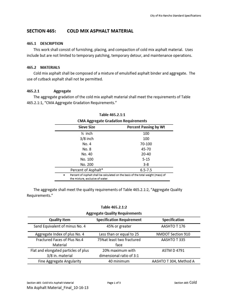 Cold Mix Asphalt Material Specifications | PDF | Emulsion | Materials