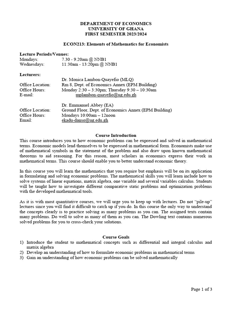 Econ 213 Course Outline 2023 - 2024 | PDF | Mathematics | Mathematical ...