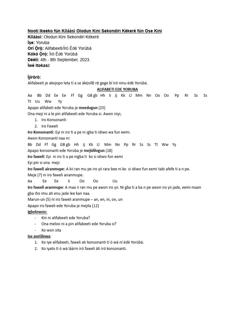 JSS 1 First Term Yoruba WK 1 | PDF