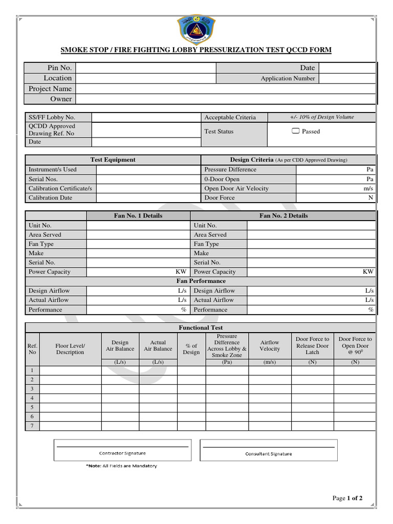 Smoke Stop Fire Fighting Lobby Pressurization Test QCCD Form | PDF ...