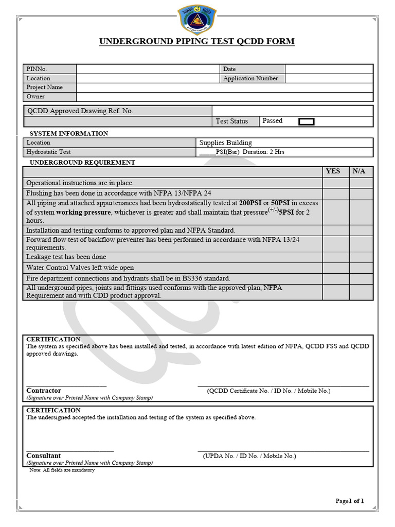 Underground Piping Test Certification Form | PDF | Home & Garden ...