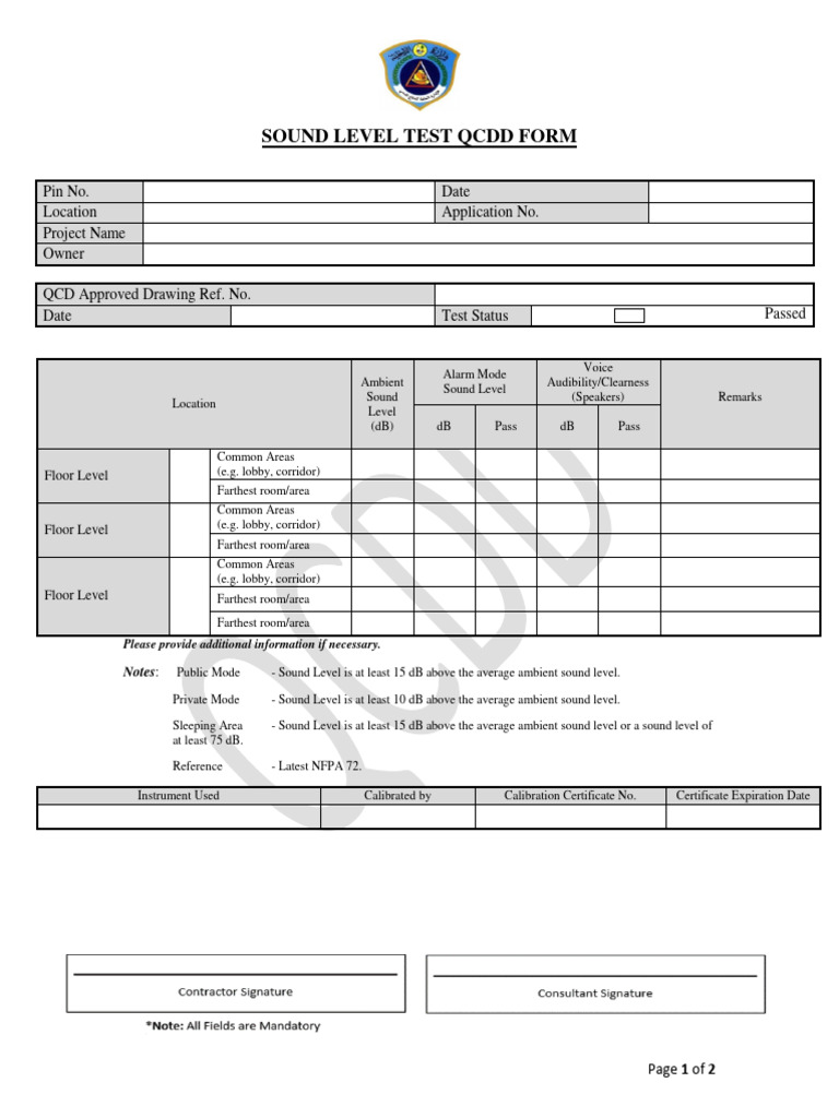 Sound Level Test QCDD Form | PDF