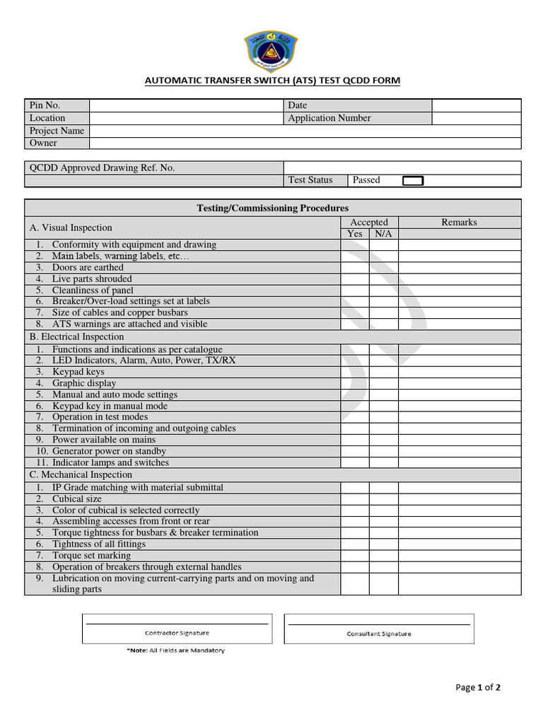 Automatic Transfer Switch (Ats) Test QCDD Form | PDF | Switch | Mains ...