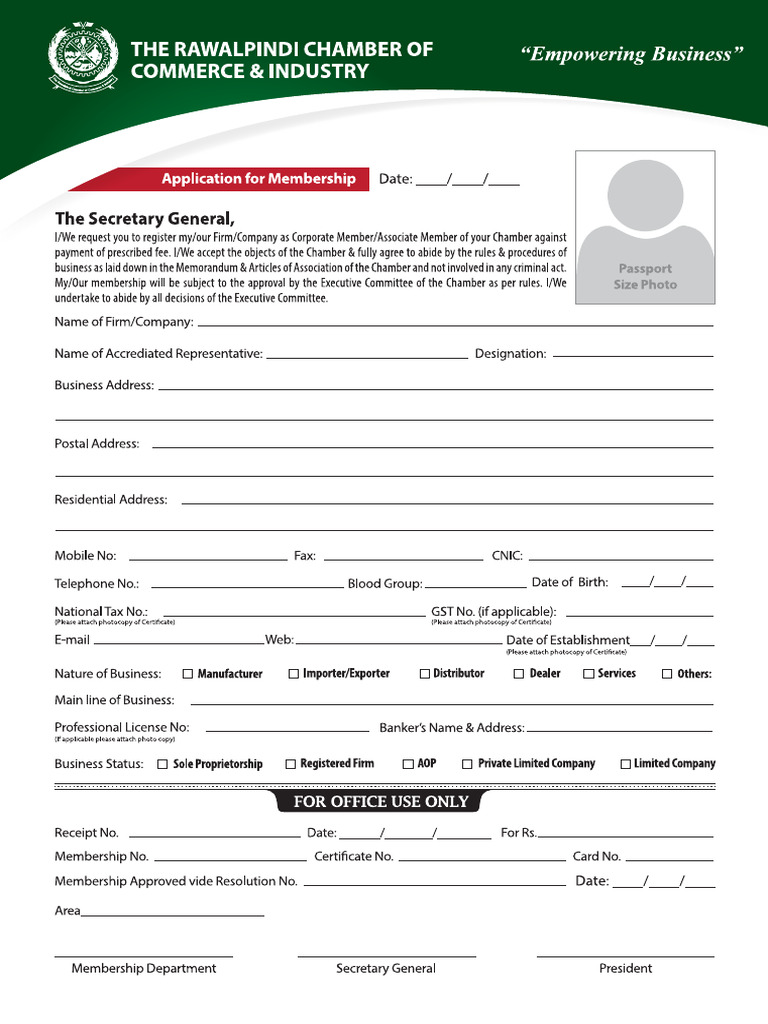 Rawalpindi Chamber of Commerce (RCCI) Member Registration Form | PDF