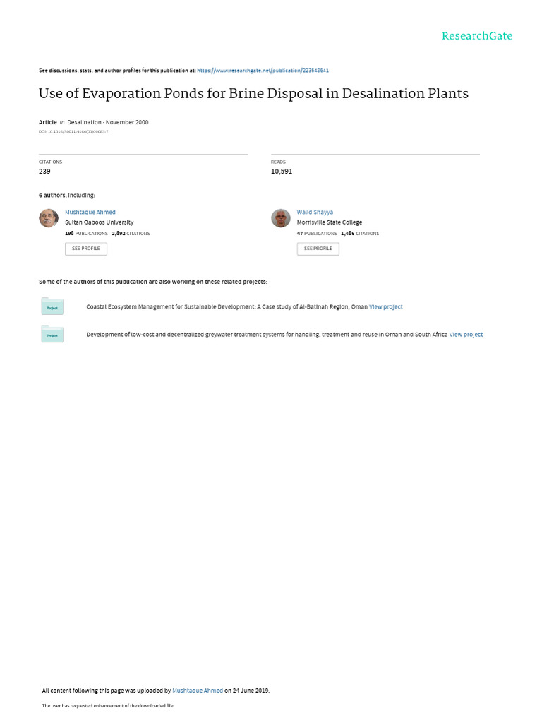 Brine Disposal via Evaporation Ponds | PDF | Desalination | Membrane
