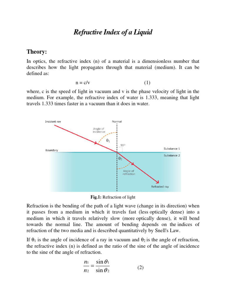 Refractive Index of A Liquid | Download Free PDF | Refraction | Refractive Index