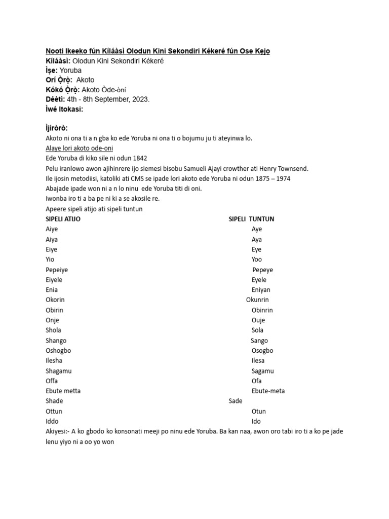 JSS 1 First Term Yoruba Week 8 | PDF