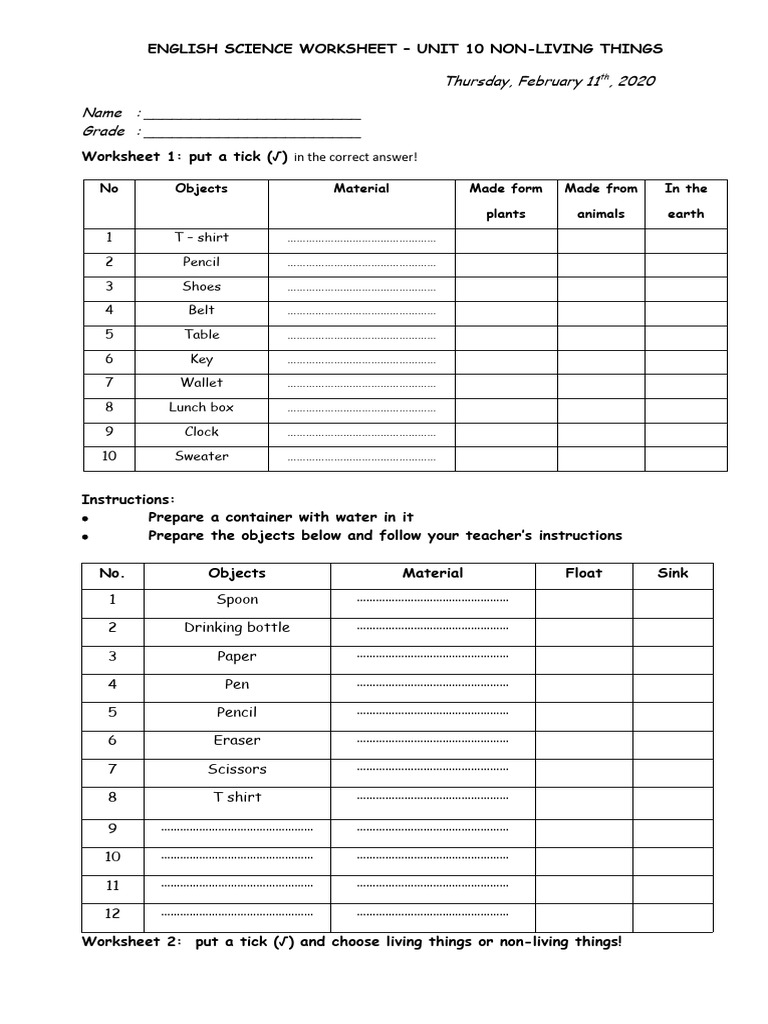 ENGLISH SCIENCE WORKSHEET Non Living Things | PDF