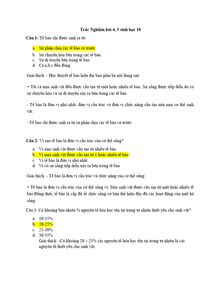 Trắc Nghiệm bài 4,5 sinh học 10 | PDF