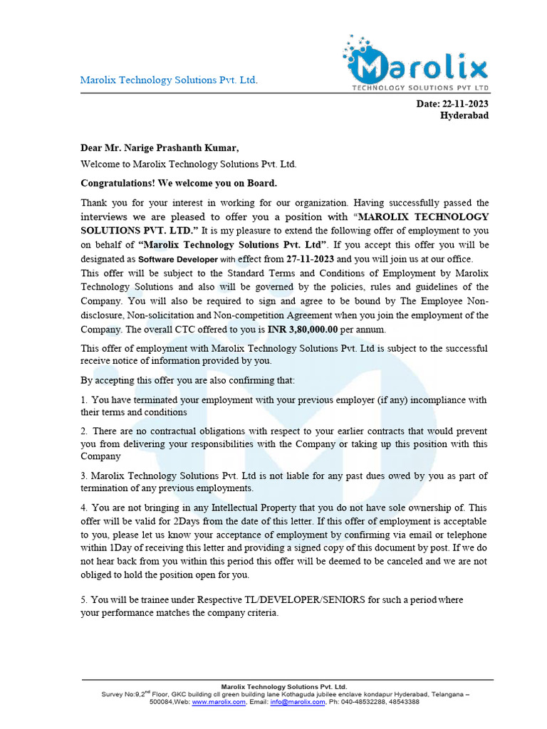Open Narige Prashanth Kumar Offer Letter | PDF | Employment | Contractual Term