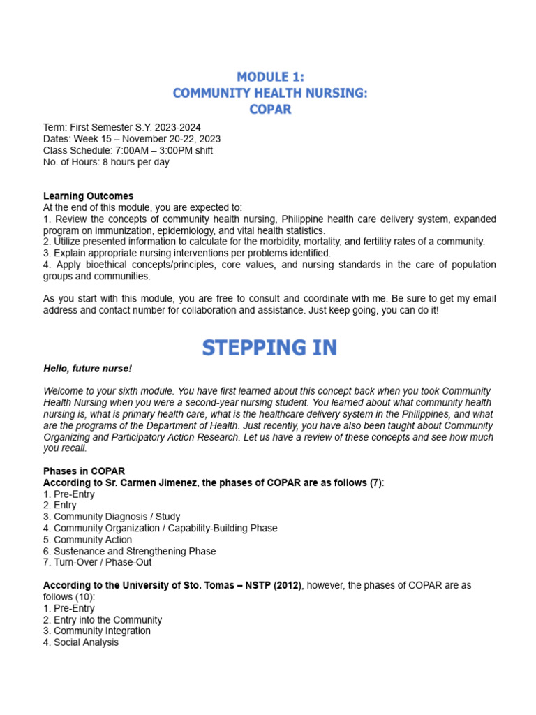 COPAR - Module #1 (BSN13F - G22) | PDF | Community | Health Care