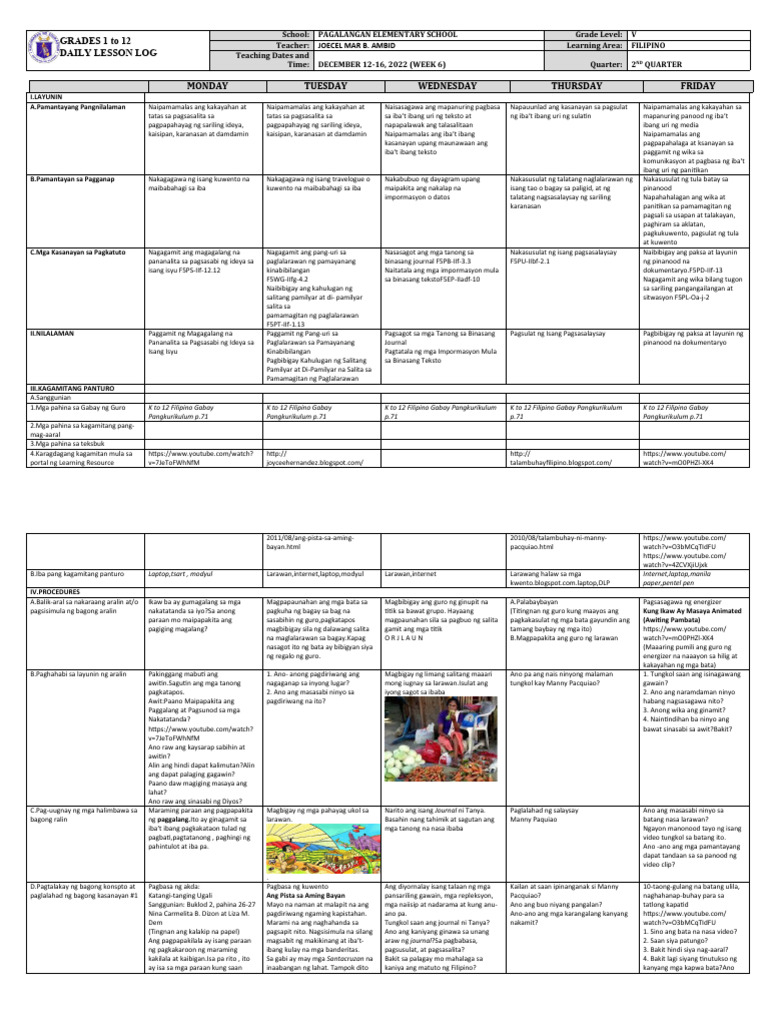 DLL - Filipino 5 - Q2 - W6 | PDF