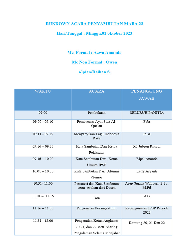 Rundown Acara Penyambutan MABA 2023 | PDF