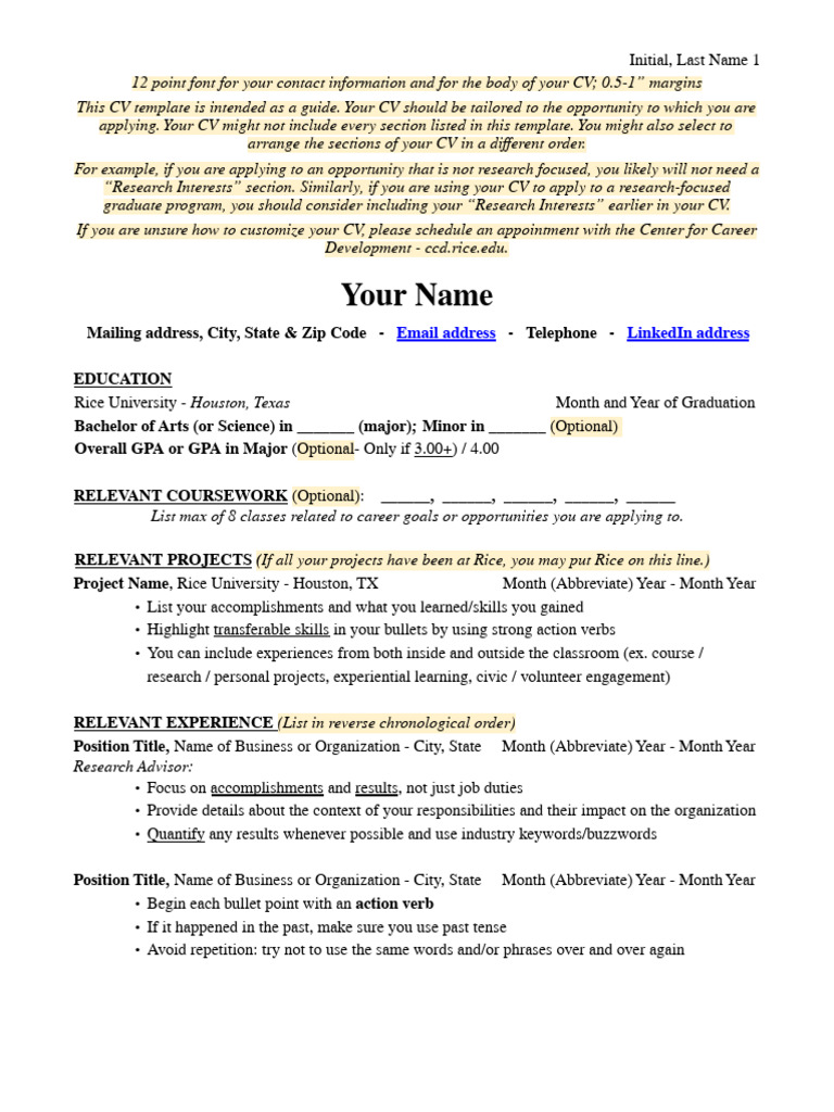Rice CV Template For Undergrads | PDF | Cognition | Human Communication