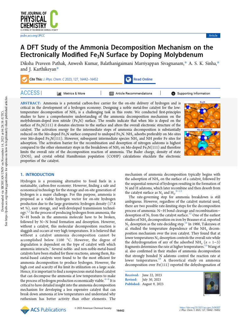 A DFT Study of The Ammonia Decomposition Mechanism On The Electronically Modified Fe 3 N Surface ...