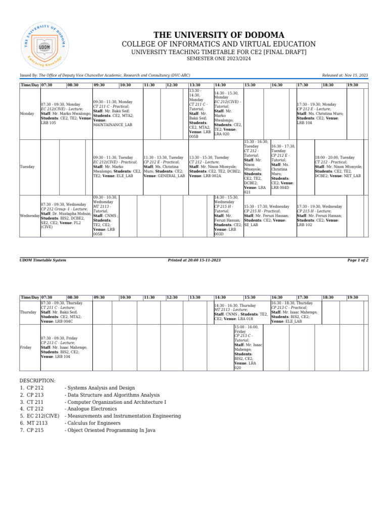 CE2 - Teaching Timetable2023-11-15-171140 | PDF | Office Equipment ...