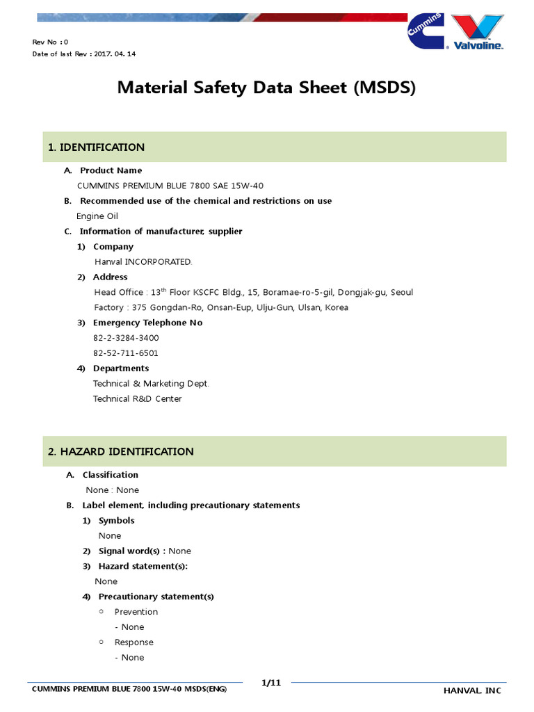 MSDS-Cummins Premium Blue 7800 SAE 15W-40 (ENG) - Rev00 | PDF | Waste | Waste Management