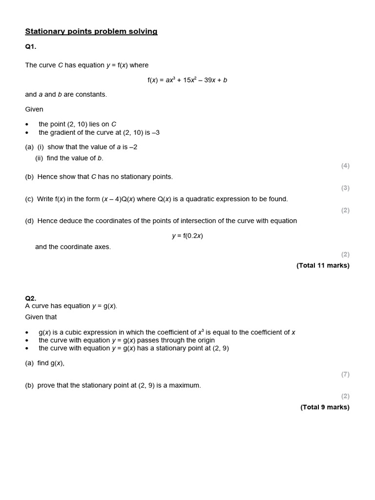 Y12 FM AS Pure Stationary Points Problem Solving Follow Up Work | PDF ...