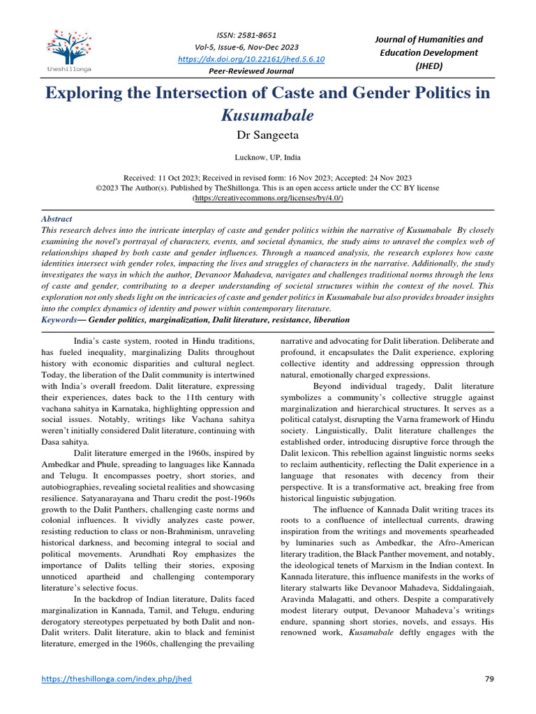 Exploring The Intersection of Caste and Gender Politics in Kusumabale | Download Free PDF ...