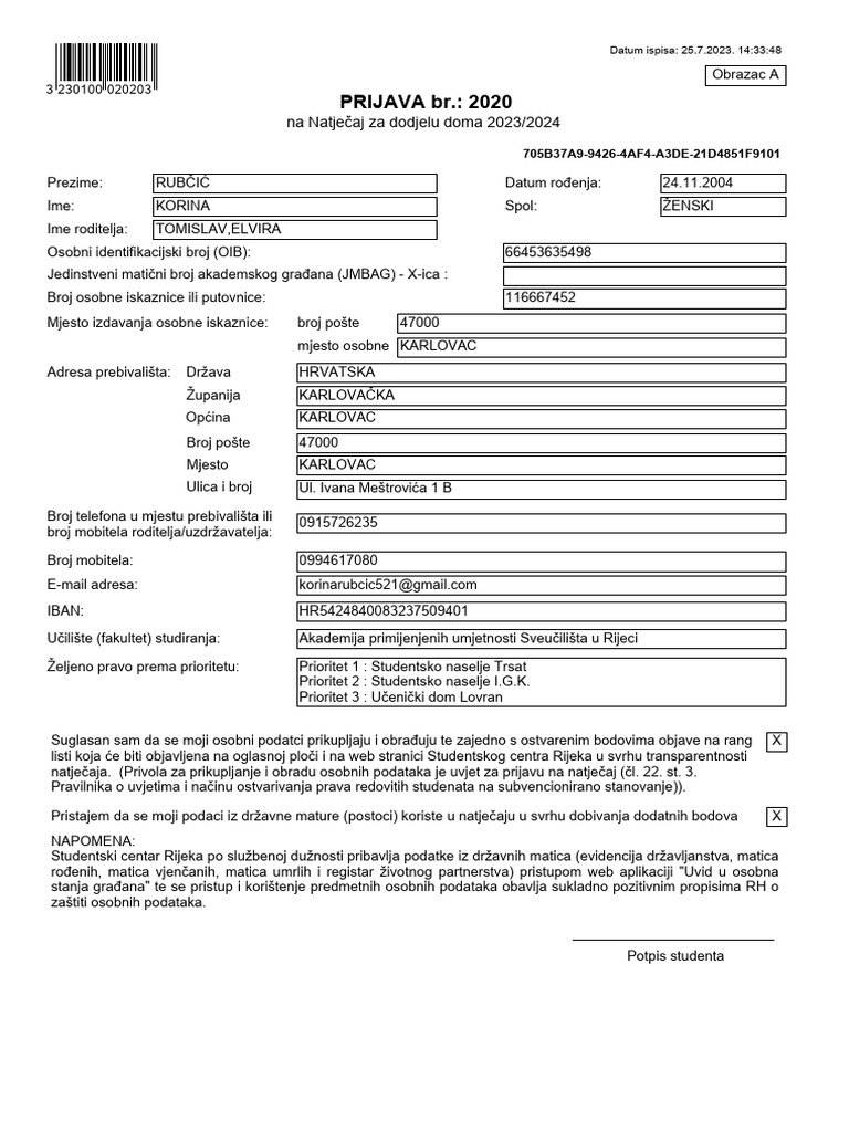 PRIJAVA BR.: 2020: Na Natječaj Za Dodjelu Doma 2023/2024 | PDF