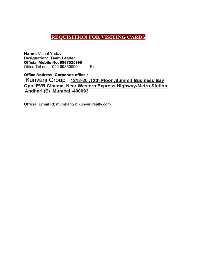 Vishal Visiting Card | PDF