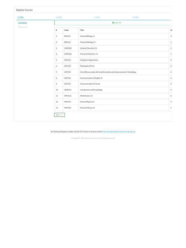 Course Registration - Tansian University Portal | PDF
