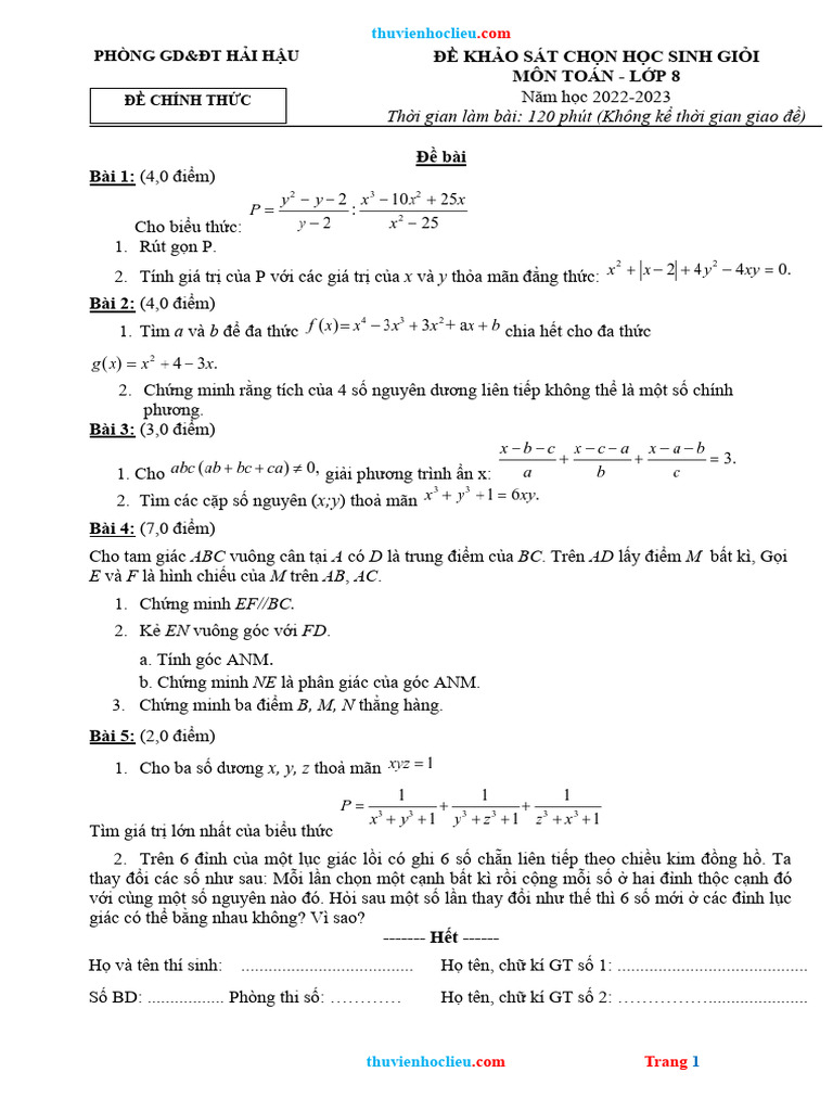 De Chon HSG Toan 8 Hai Hau 22 23 | PDF