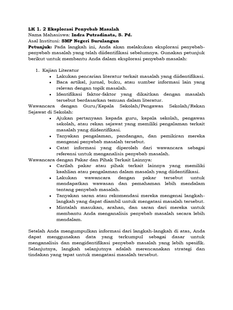 MAT - INDRA - LK 1.2 Eksplorasi Penyebab Masalah (25-NOV-2023) . | PDF