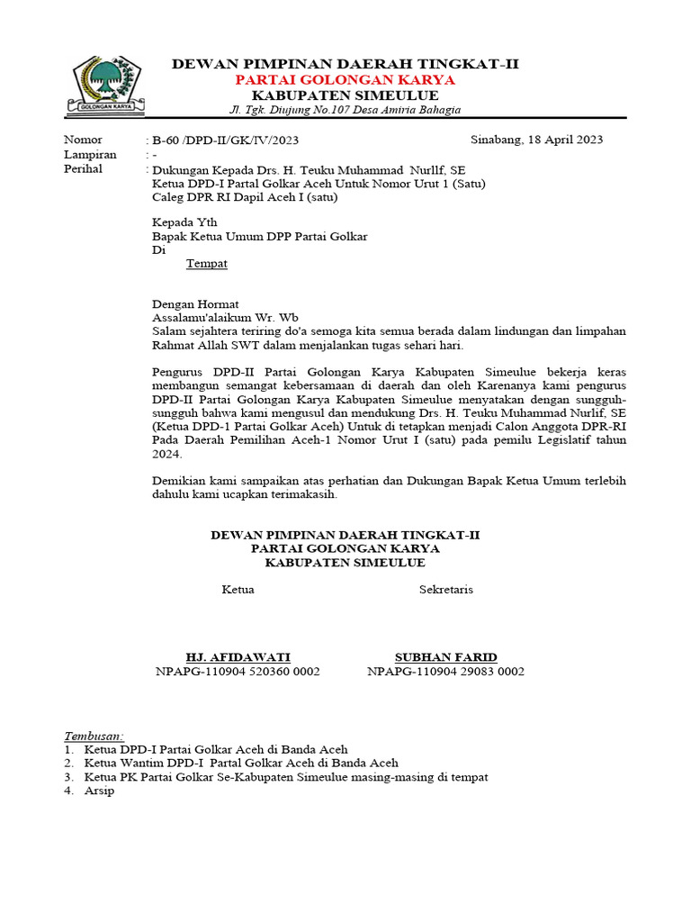 Surat Dukungan Untuk DPR Ri | PDF