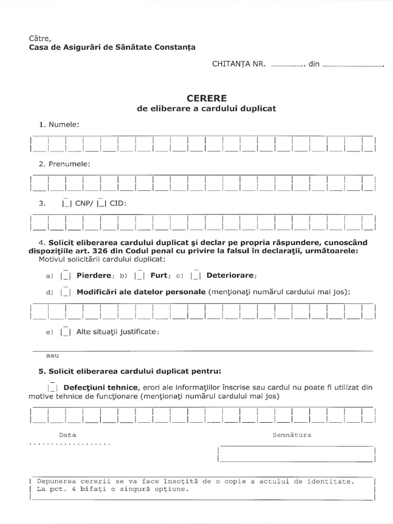 Anexa CN5 - CERERE Eliberare Card Duplicat | PDF